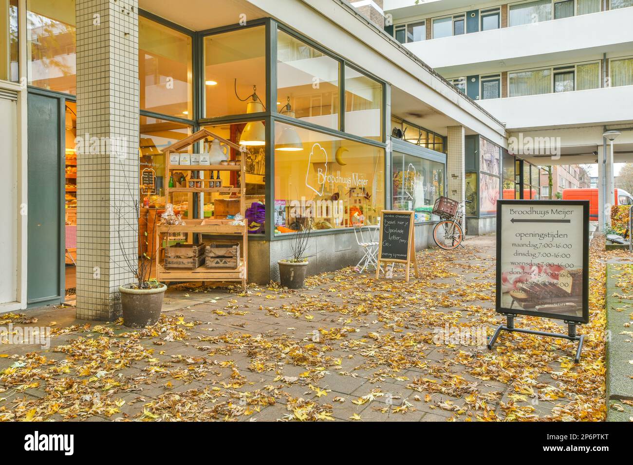 fall leaves on the ground in front of a building with a sign that says ...