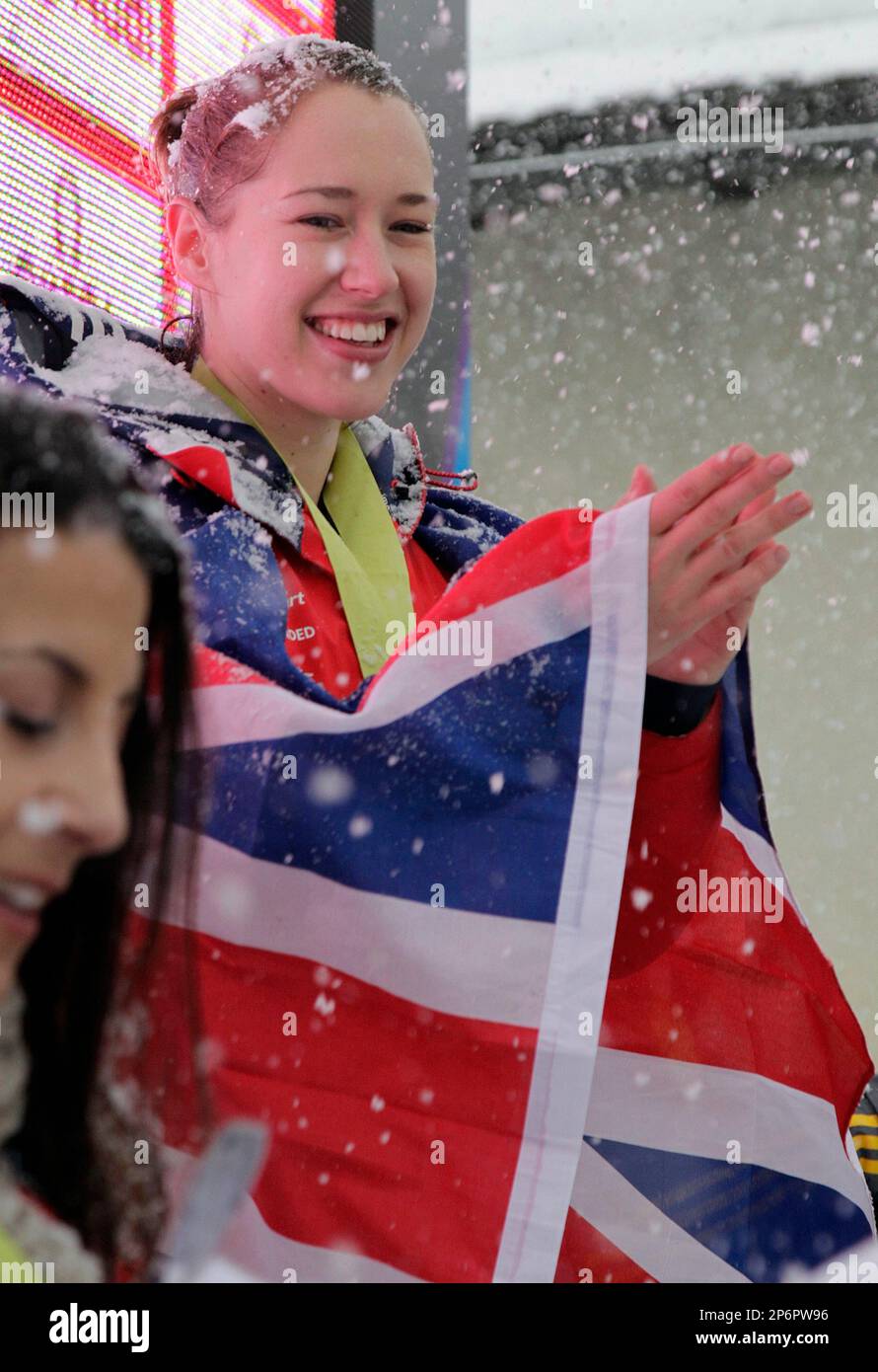Gold medal winner Elizabeth Yarnold from Great Britan celebrates on the ...
