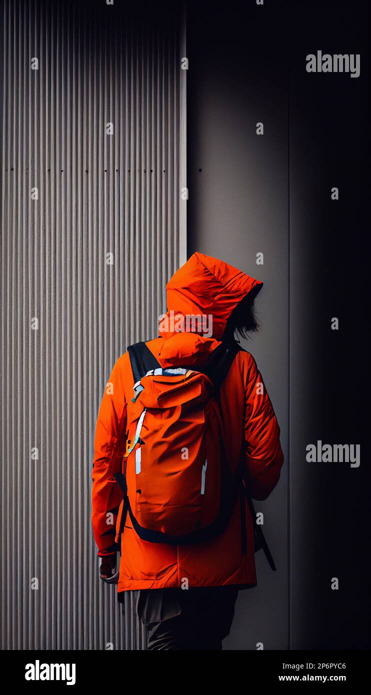 Young traveler back view. Back view of backpacker standing at urban ...
