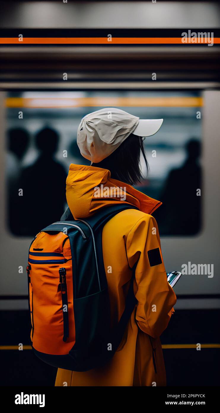 Young traveler back view. Back view of backpacker standing at urban ...