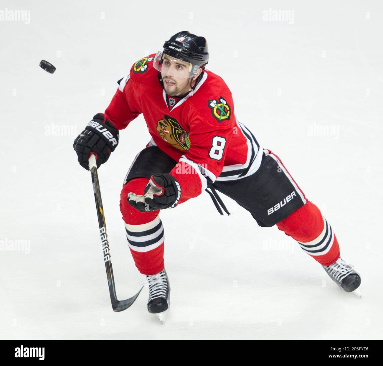January 18, 2012: Chicago, IL. Blackhawk Nick Leddy #8 gloving an ...