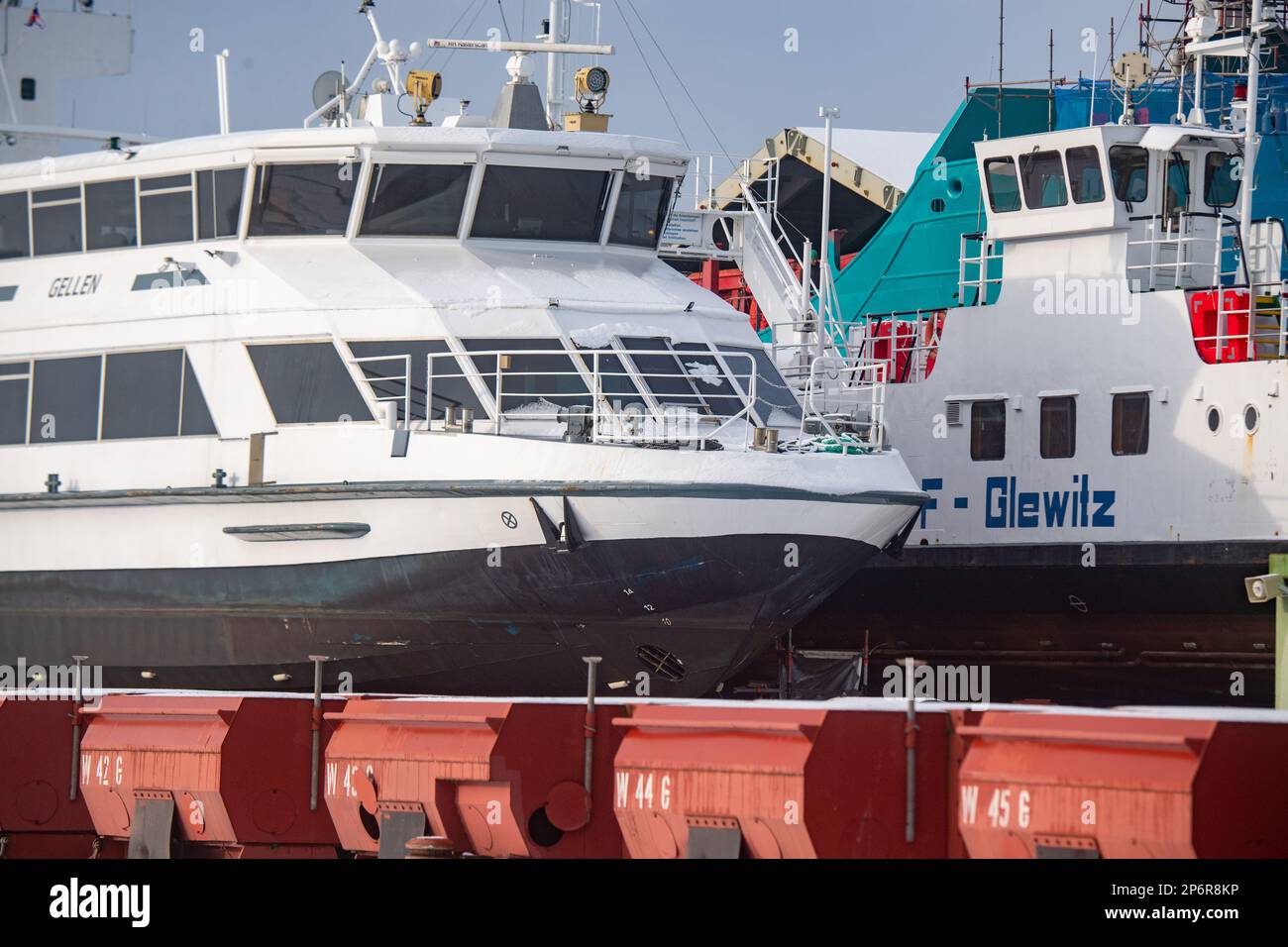Stralsund, Germany. 07th Mar, 2023. The ferry vessels "Gellen" and ...