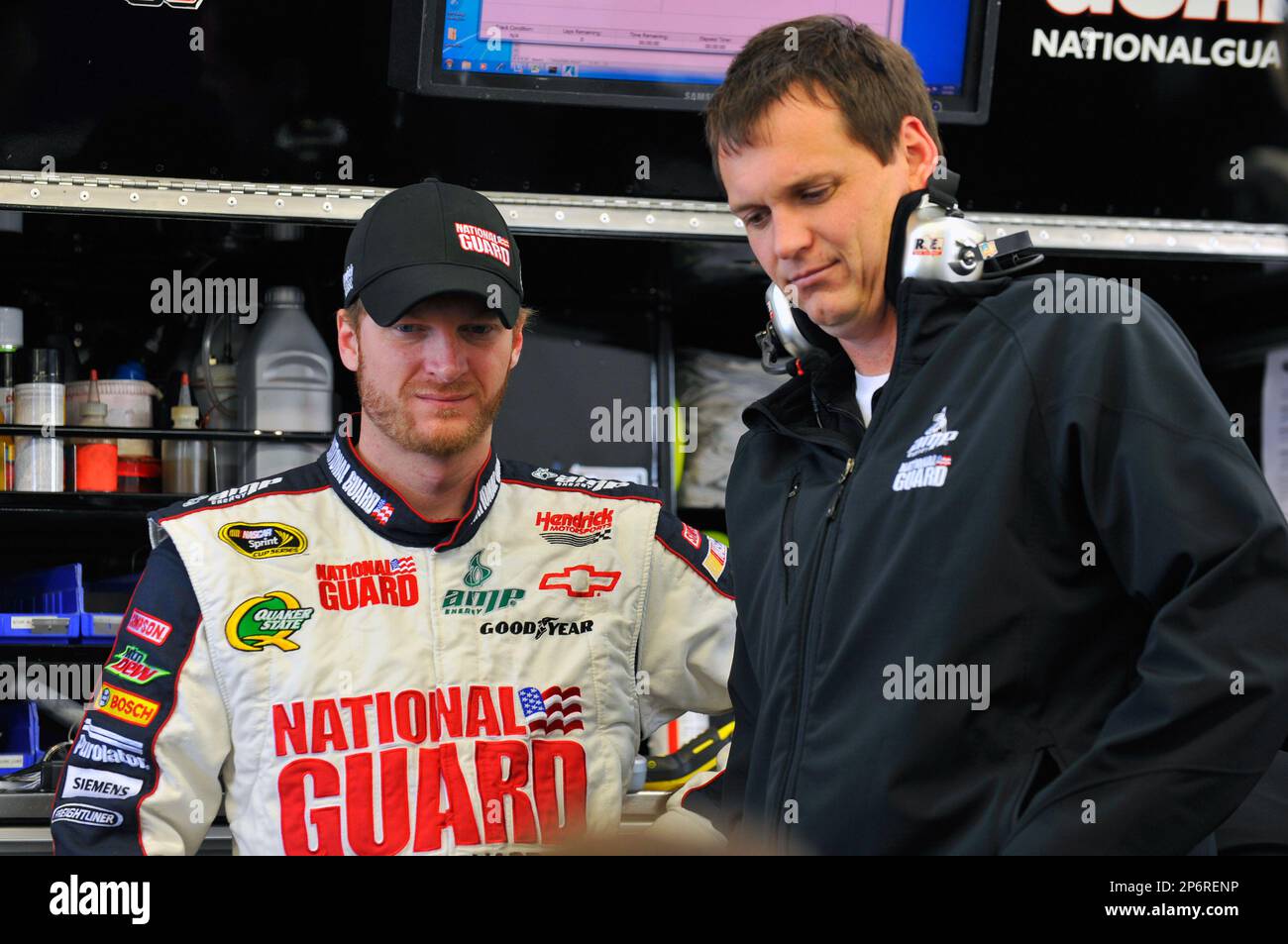 Dale Earnhardt Jr. and Steve Letarte during practice for the Kobalt ...