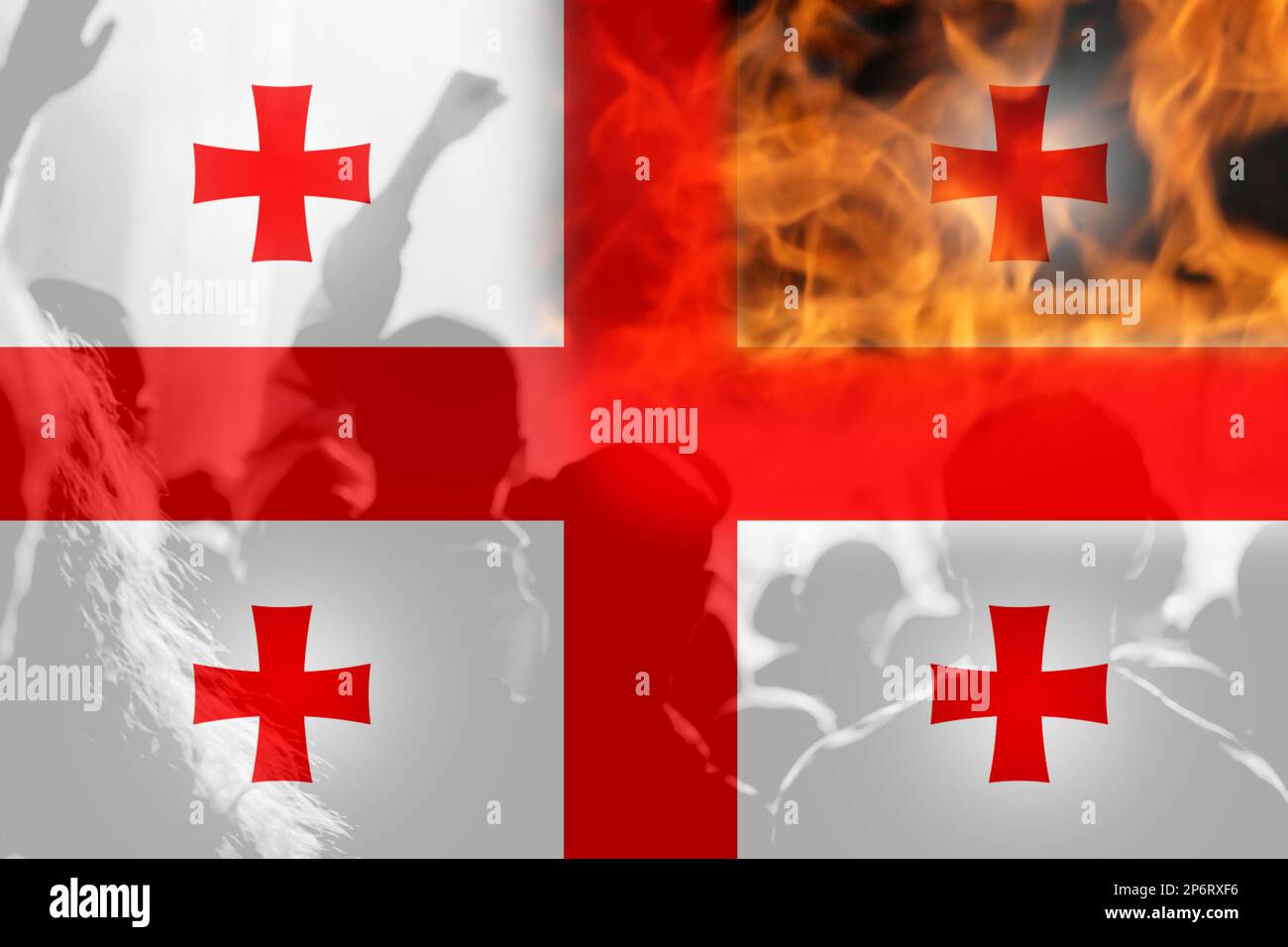 Defocus protest in Georgia. Conflict war over border. Fire, flame ...