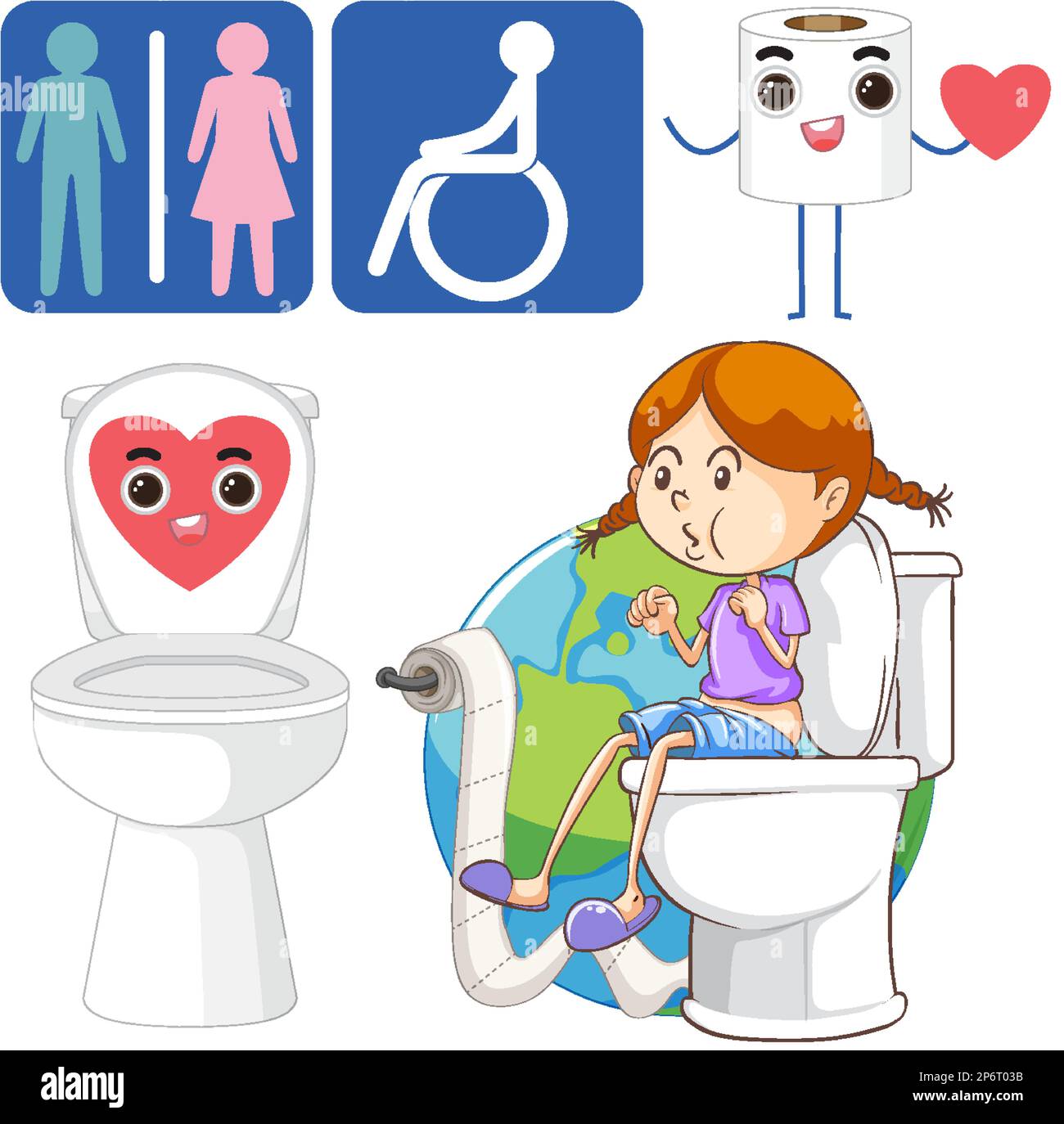 Toilet Cartoon Icons Set for Bathroom Decor and Signage illustration ...