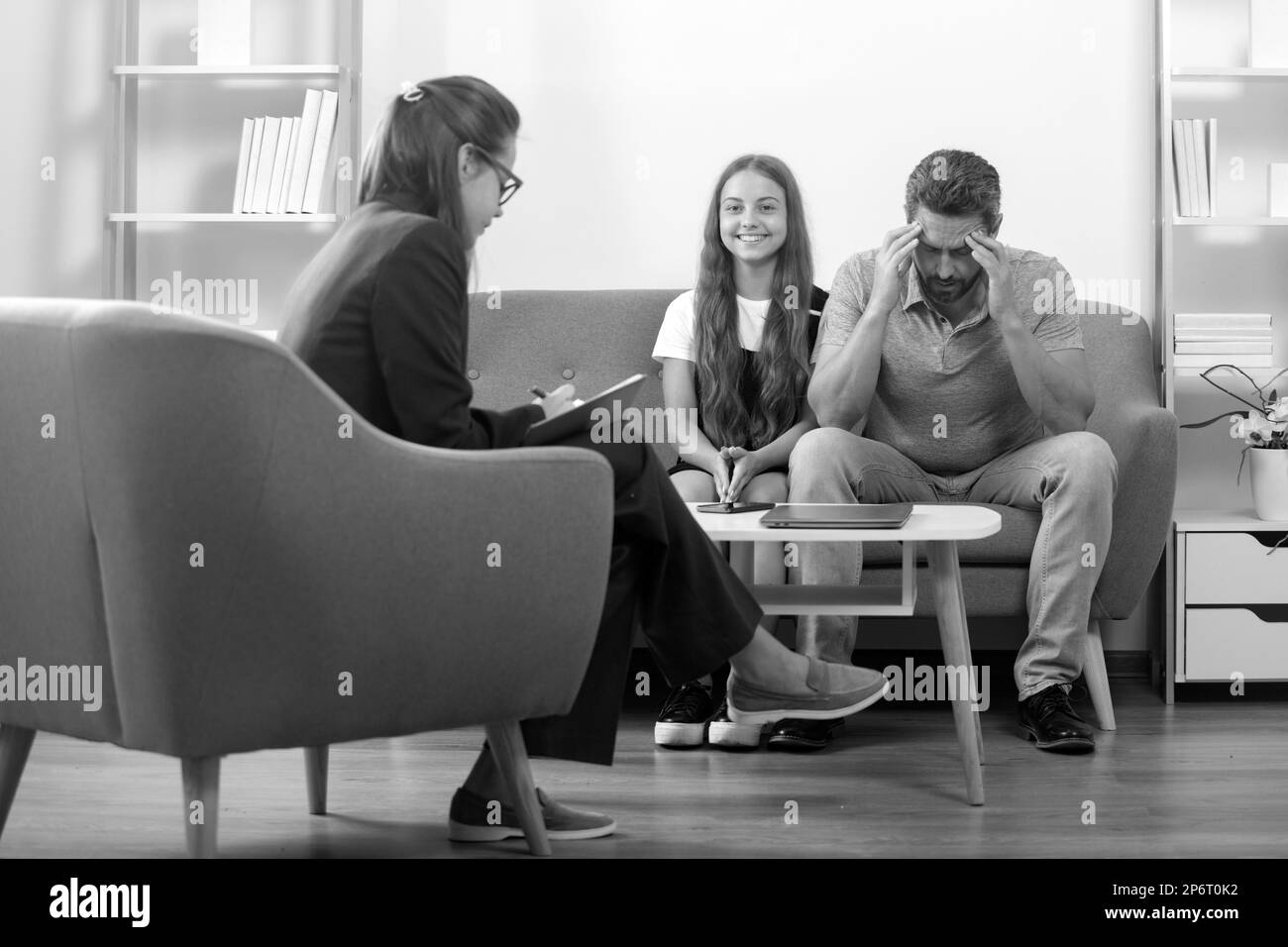 Father and child daughter with girl discussing problems in family with ...