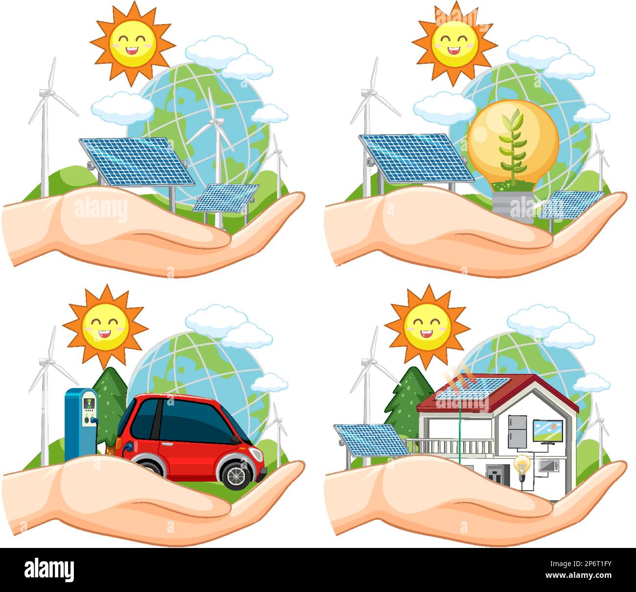 Green energy concept with solar panels and wind turbines illustration ...