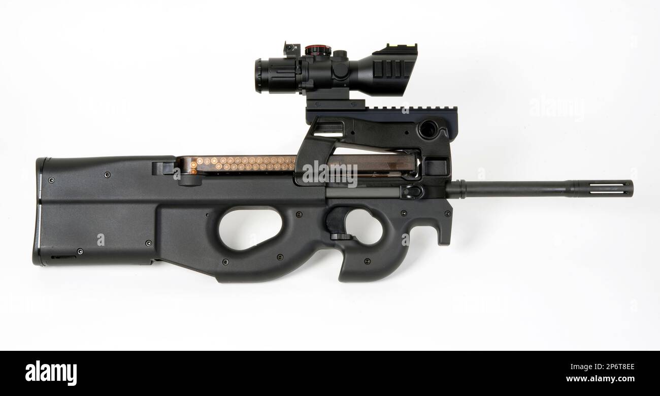 5.7 x 28mm bull pup assault rifle with large red dot scope Stock Photo ...