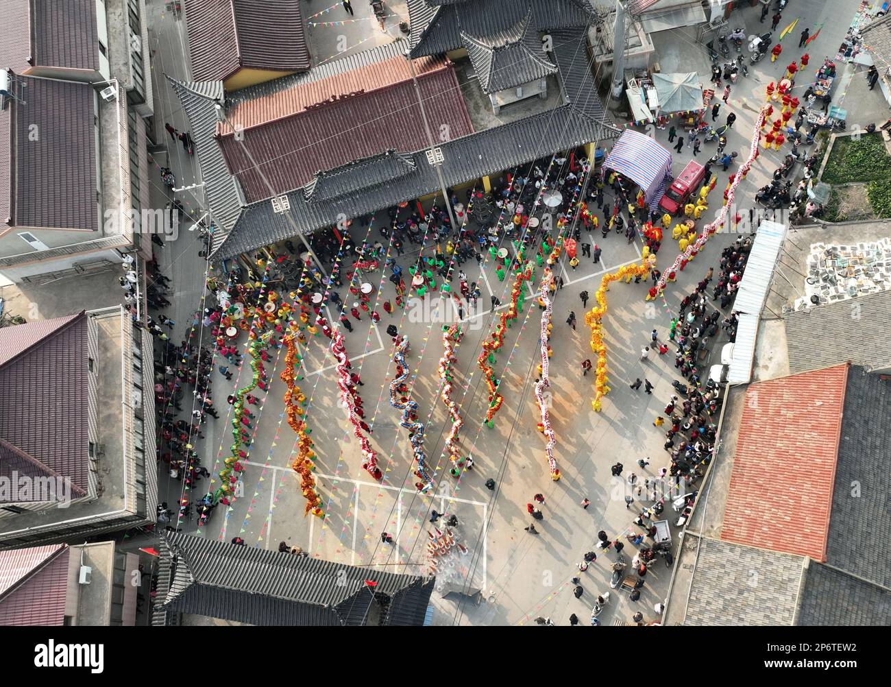 TAIZHOU, CHINA - MARCH 5, 2023 - Aerial photo shows a dragon dance ...