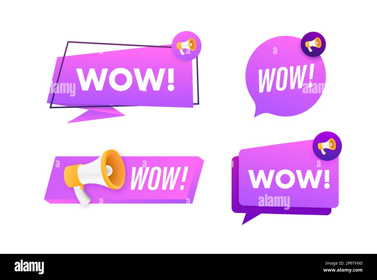 Megaphone label set with text Wow. Megaphone in hand promotion banner ... Megaphone label set with text Wow. Megaphone in hand promotion banner ...