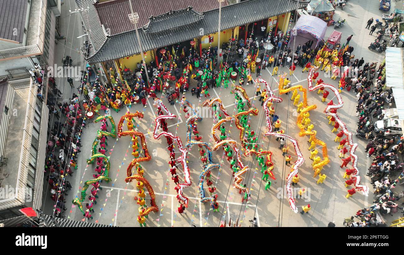 TAIZHOU, CHINA - MARCH 5, 2023 - Aerial photo shows a dragon dance ...