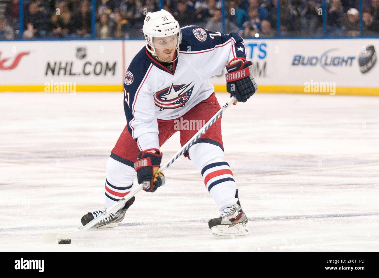 James Wisniewski (21) of the Columbus Blue Jackets takes a shot during ...