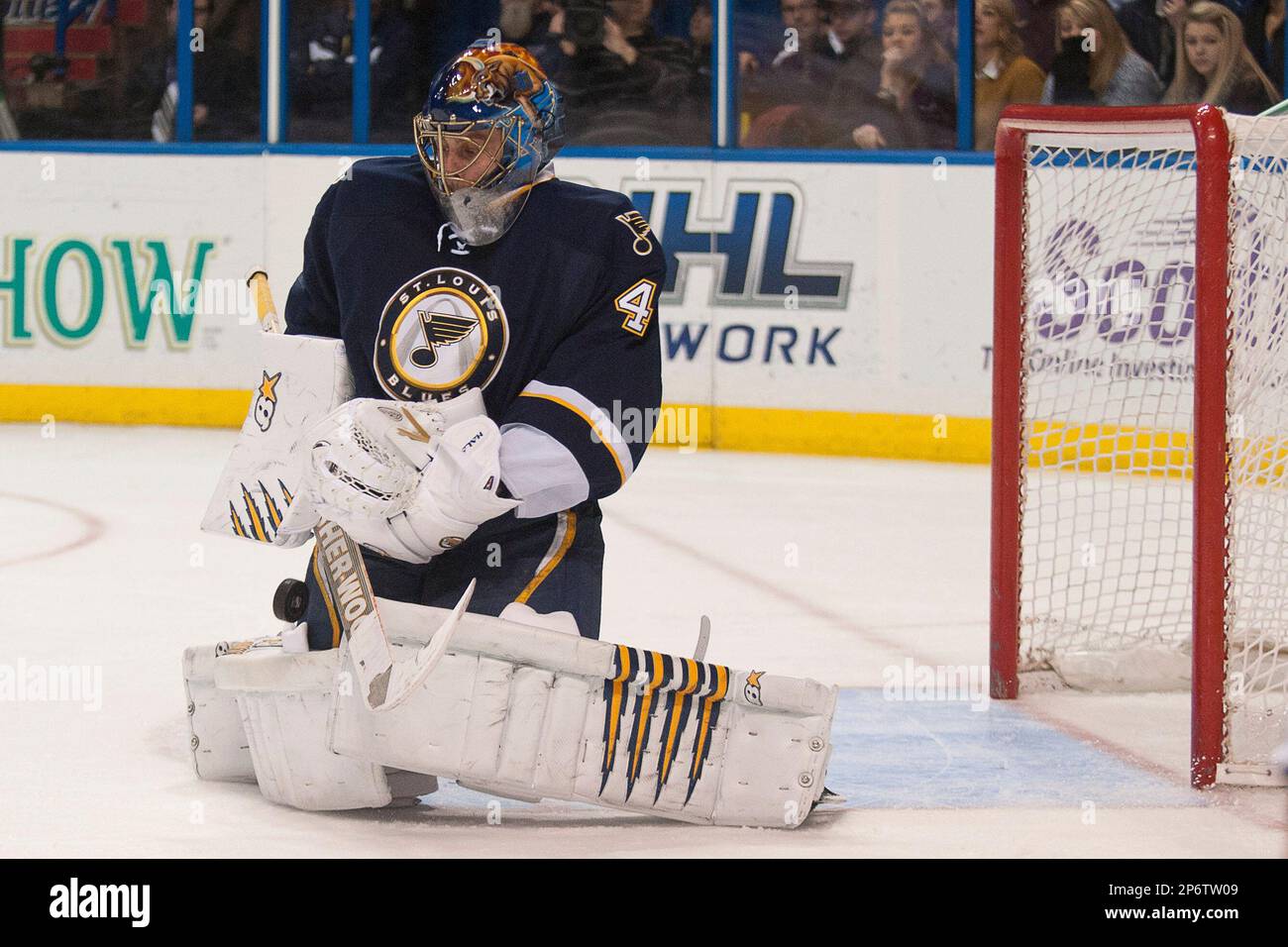 Jaroslav Halak (41) of the St. Louis Blues with a pad save during the ...