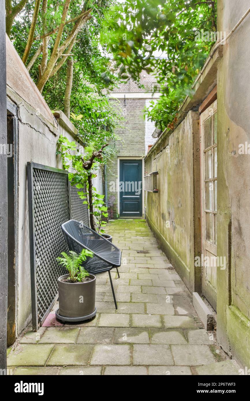 an alley with a chair and potted plant on the sidewalk in front of a ...
