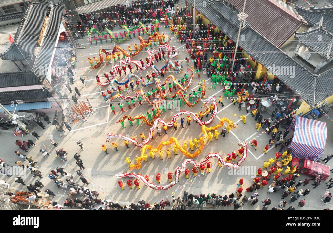 TAIZHOU, CHINA - MARCH 5, 2023 - Aerial photo shows a dragon dance ...
