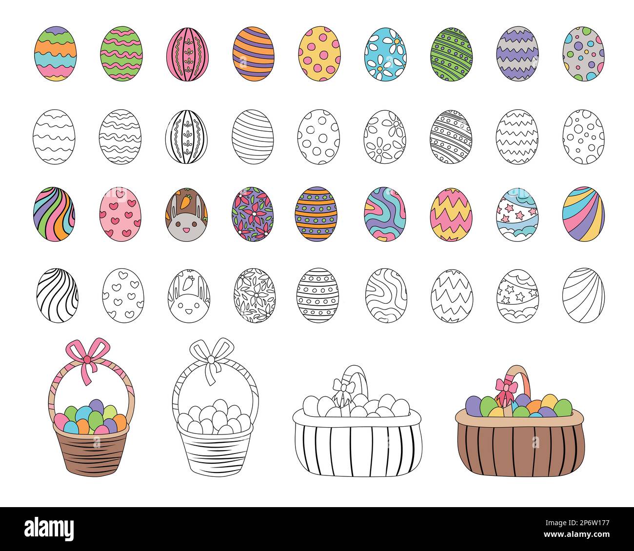 Set of colorful decorated Easter eggs, flat color with black outlines ...