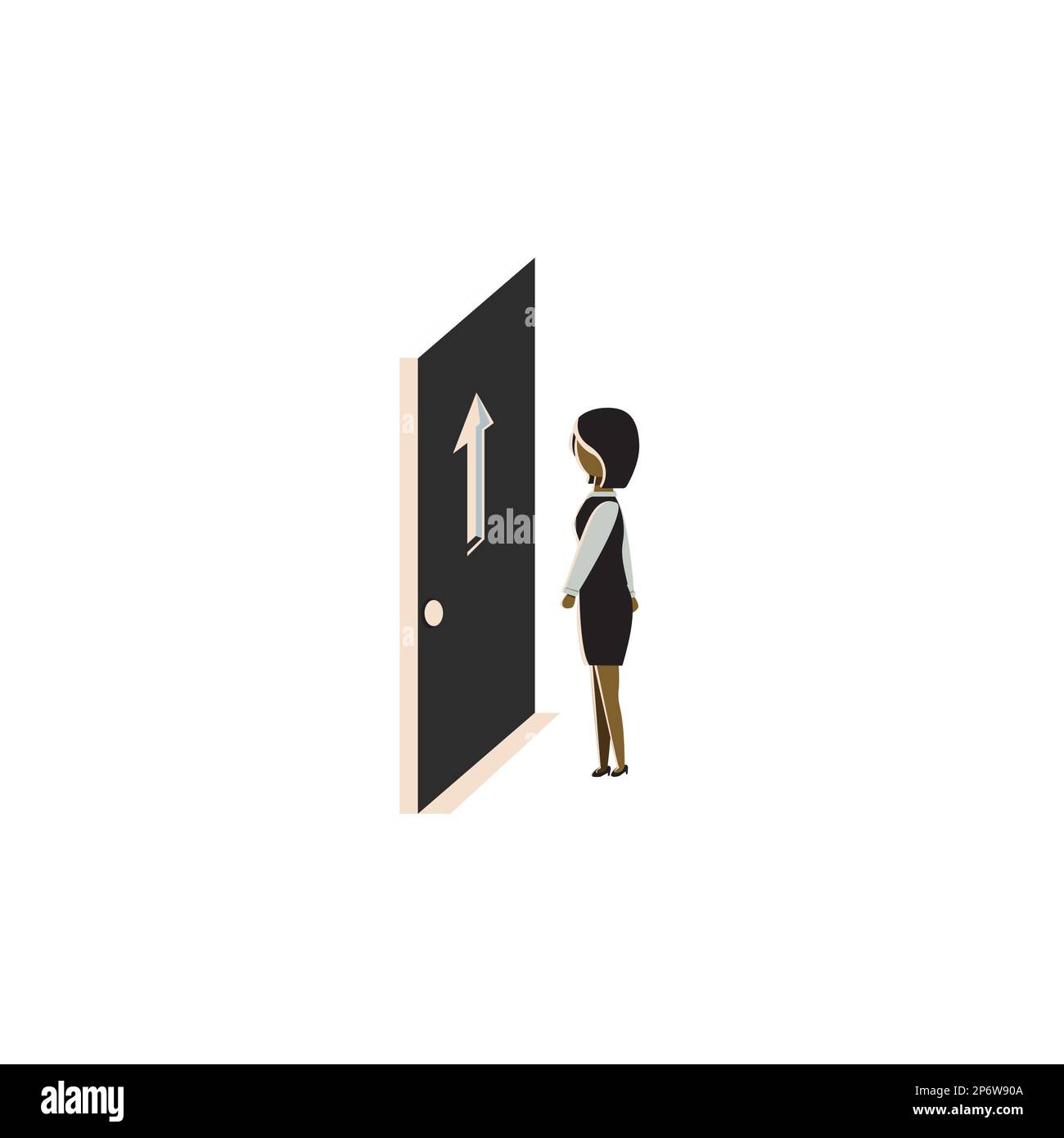 Woman executive in formal suit waiting in front of a door with a big ...