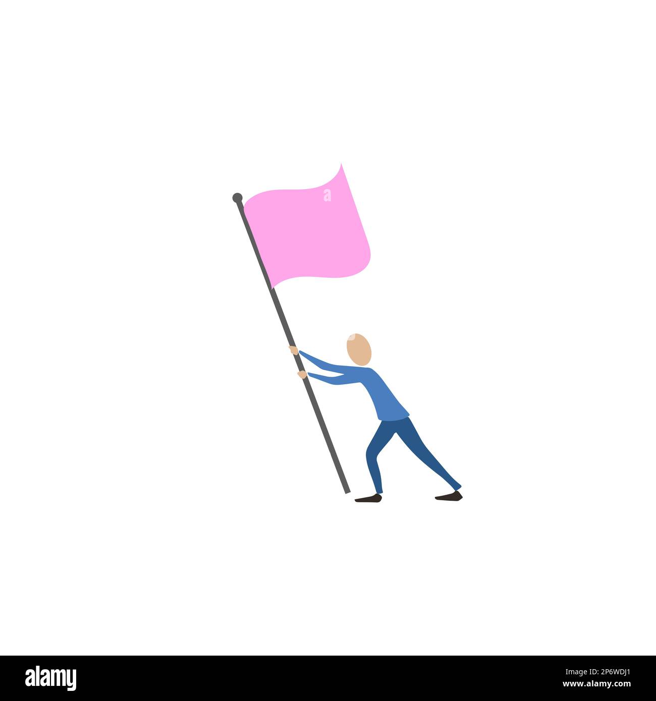 Woman Drawing Standing Setting Up Flag On Peak Of Mountain. Colleagues ...