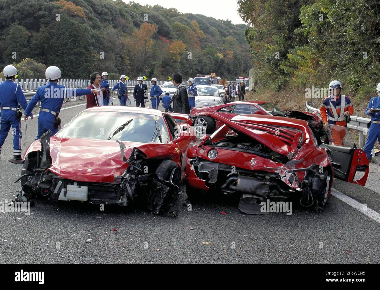 Sports car Ferraris are ruined in a accident on the Chugoku Express way ...