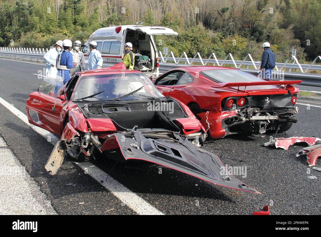 Sports car Ferraris are ruined in a accident on the Chugoku Express way ...