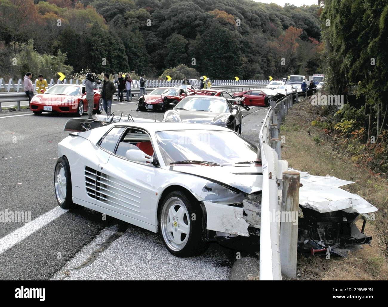 Sports car Ferraris are ruined in a accident on the Chugoku Express way ...