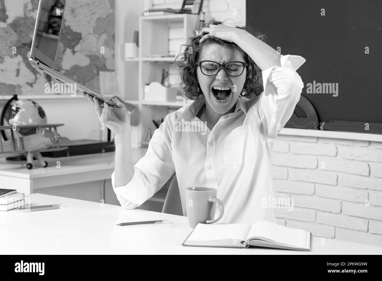 Back to school. Tired screaming teacher. Online education and learning ...