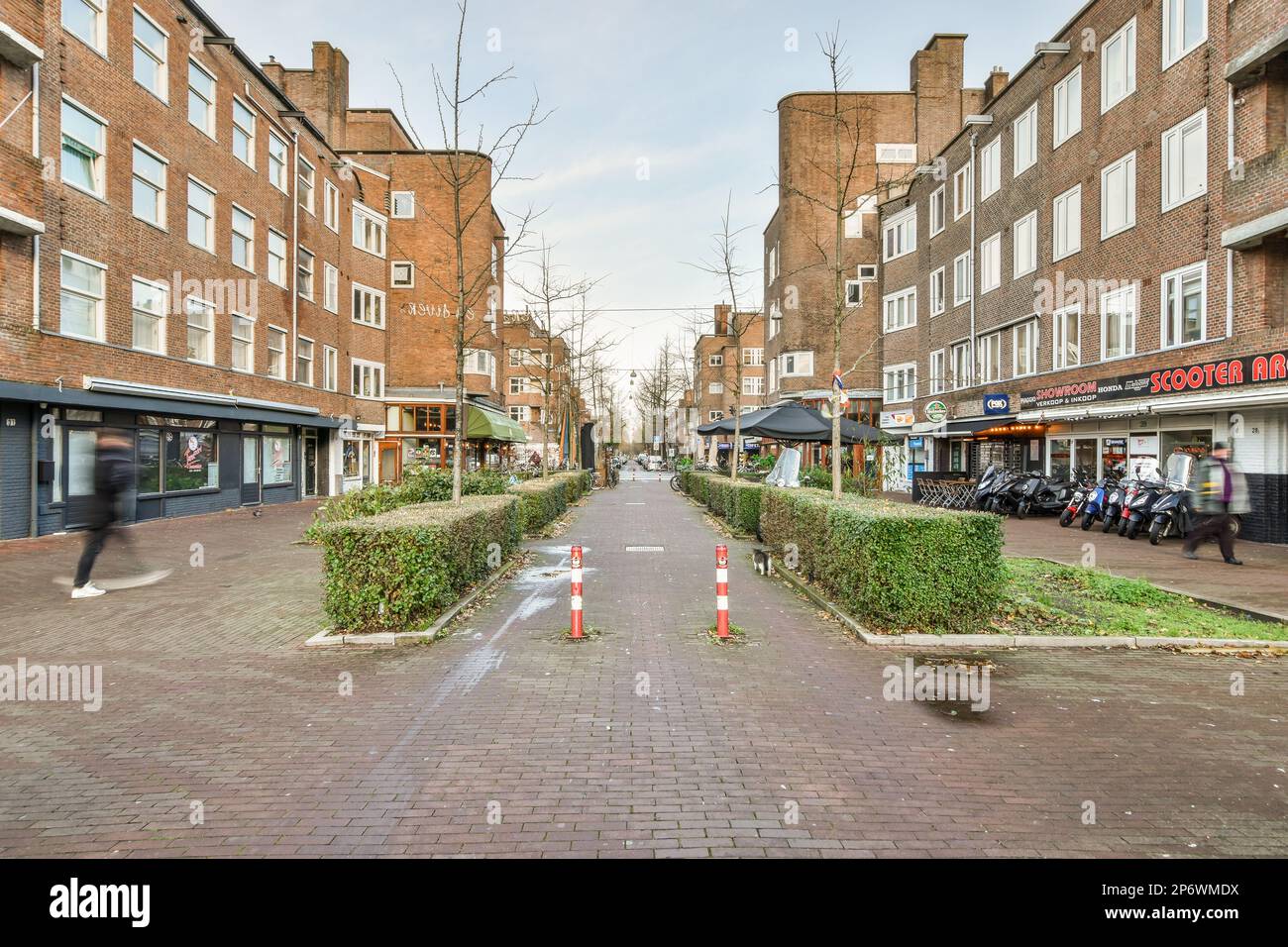 a bricked street in the middle of an urban area with cars parked on ...