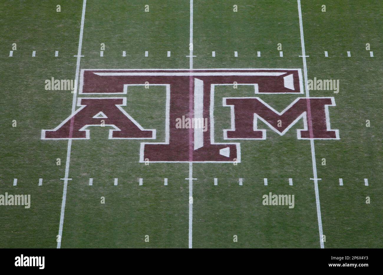A detail view of the Texas A&M Aggies logo is seen on the field prior ...