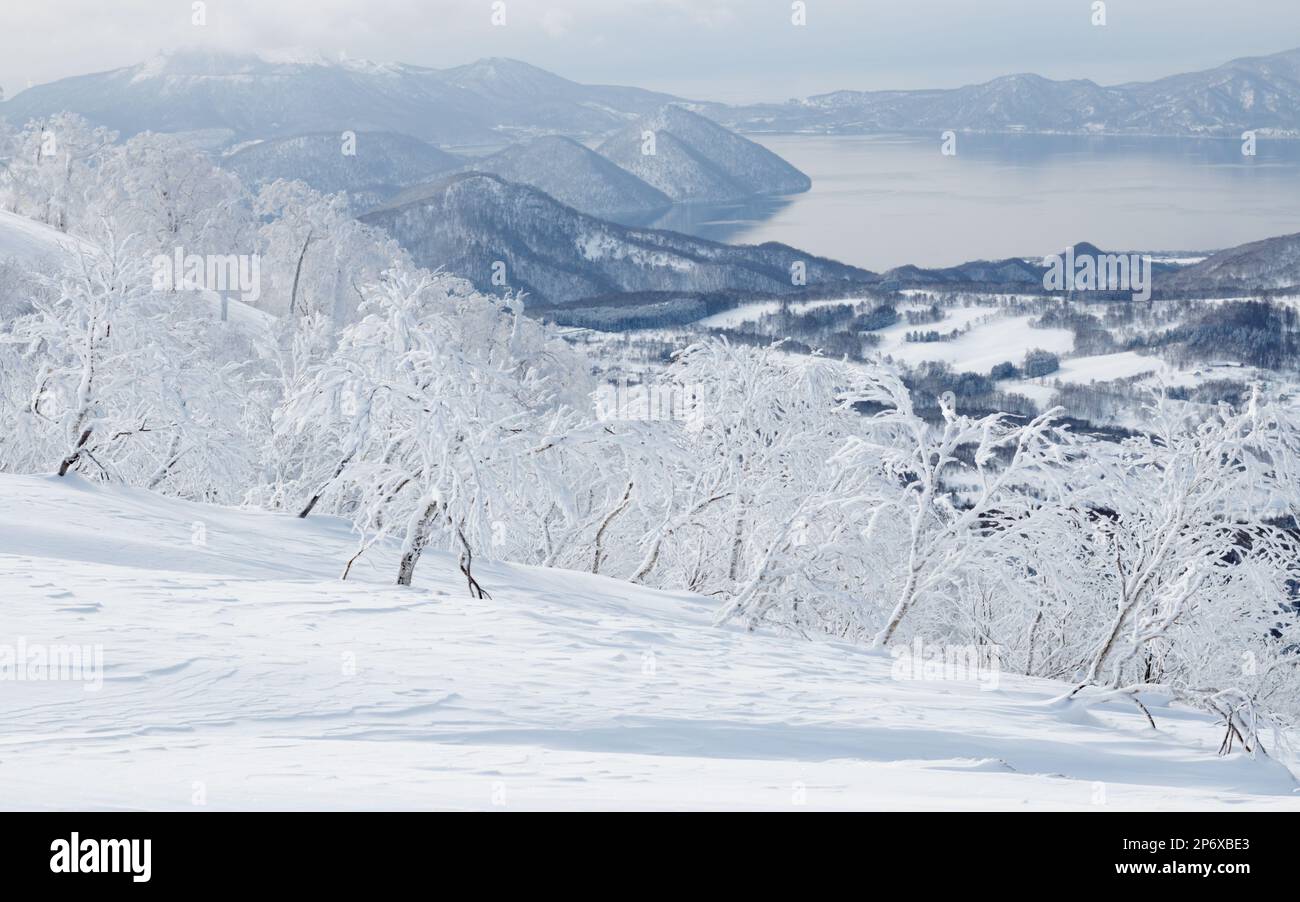 Snow covered trees and winter landscape, Lake Toya, Hokkaido, japan ...