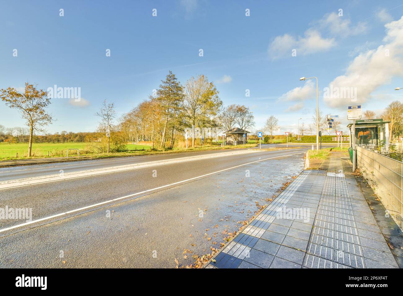 an empty street with no traffic on the road, and some trees in the ...
