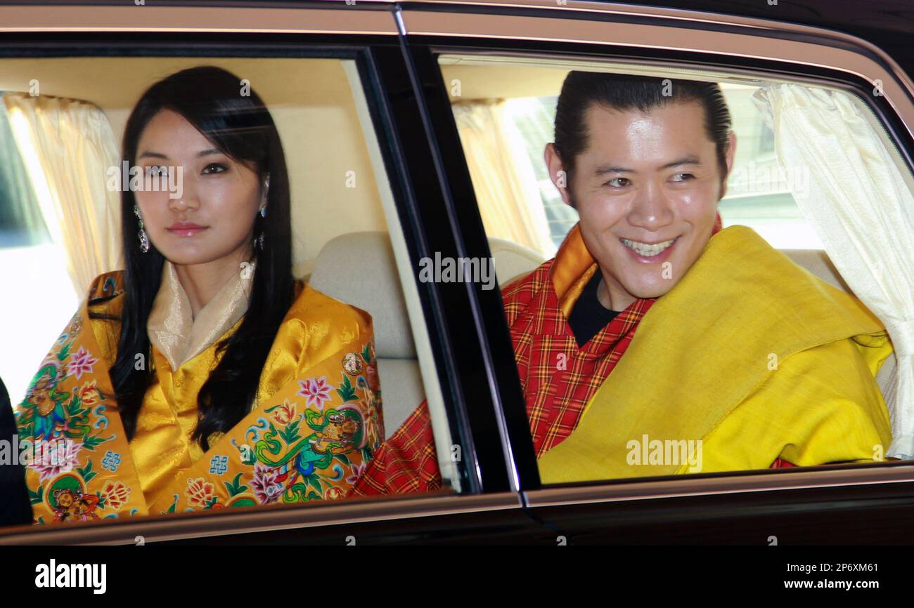 Bhutan's King Jigme Khesar Namgyal Wangchuck and Queen Jetsun Pema are seen in a vehicle during ...
