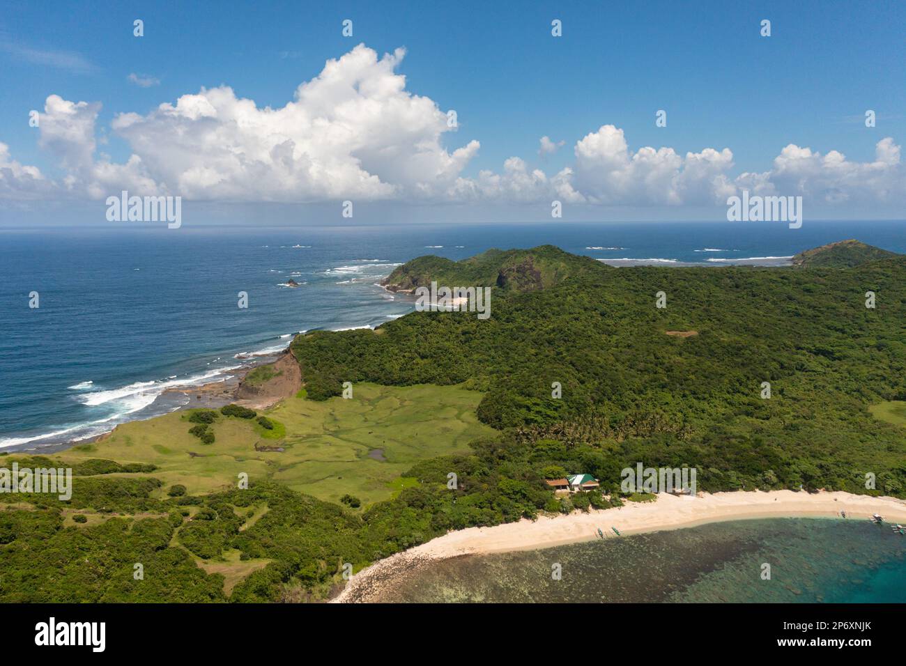 Aerial drone of coast of the island with beaches and rainforest. Cape ...