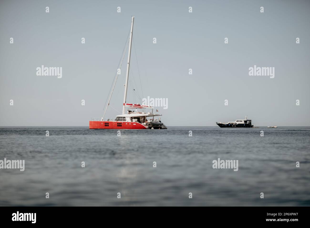 yacht on calm sea. Luxury cruise trip. View from above of white Stock ...