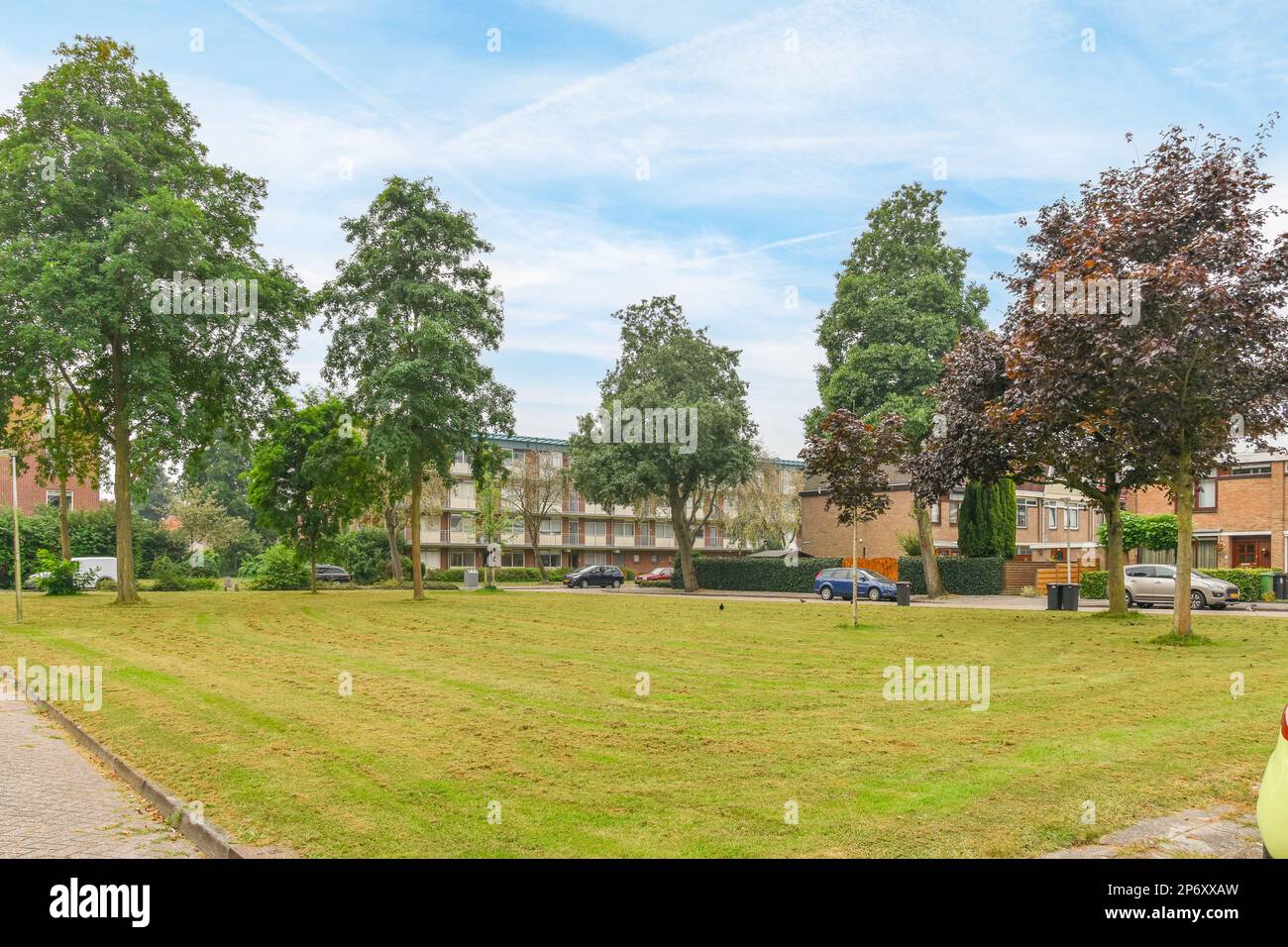 a grassy area in the middle of a residential neighborhood with cars ...