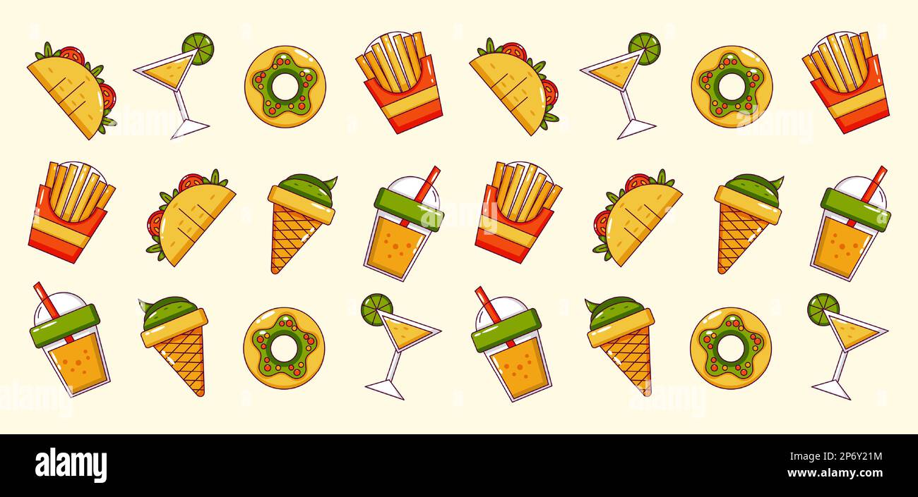 Food and Drink. Donut, tequila, taco, potato stick and ice cream icon ...