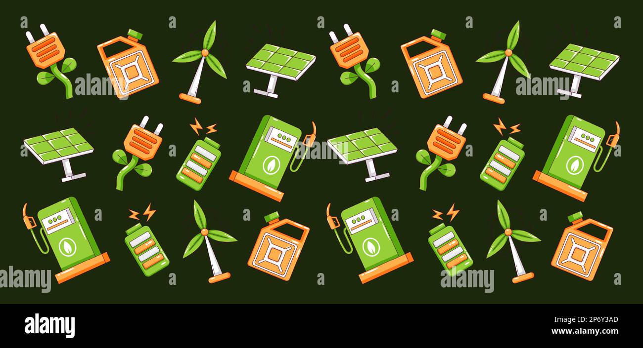 Green energy. Solar panel, wind turbine, battery and petrol icon ...