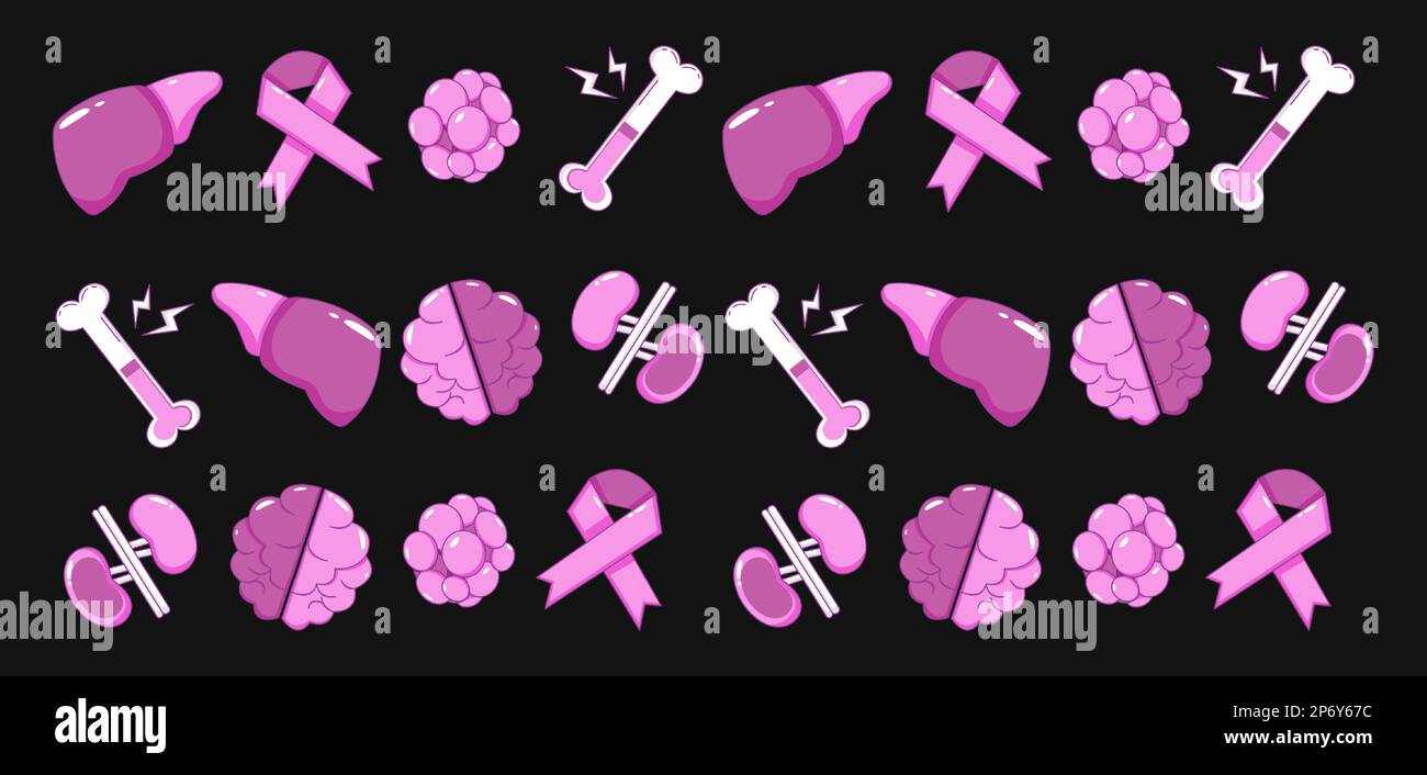 World Cancer Day. Heart, bone, kidney, brain and ribbon icon pattern ...