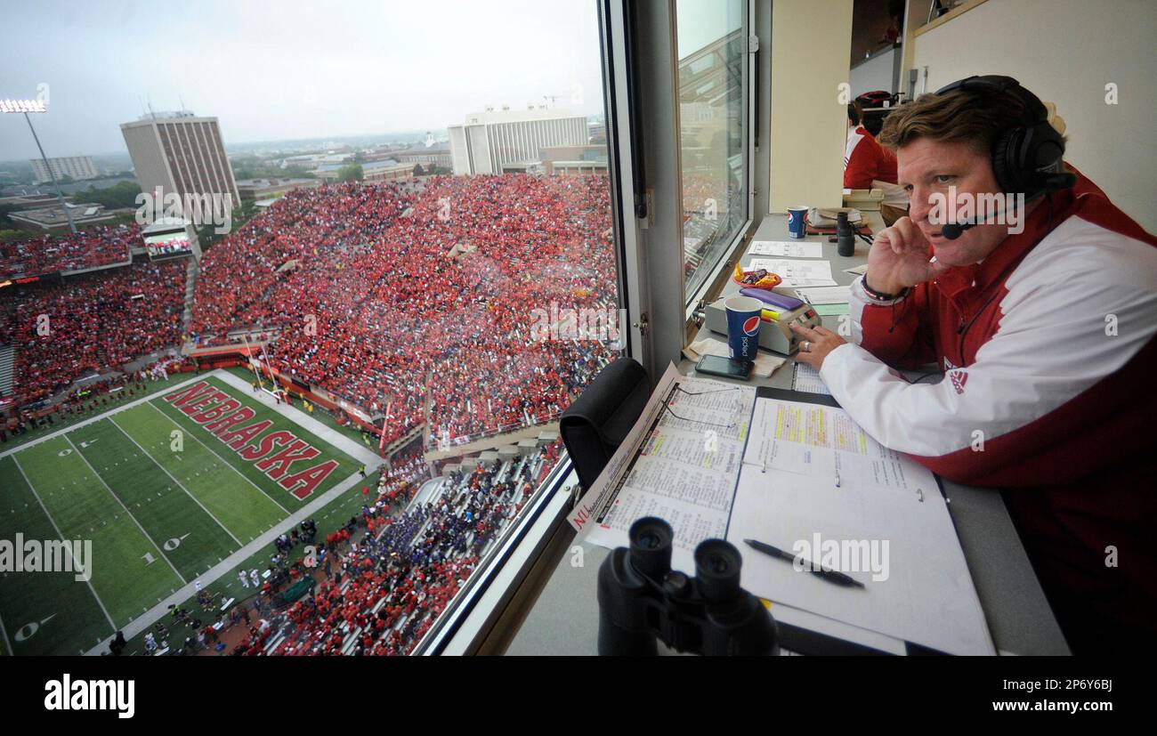 Patrick Combs works the public address system a the Mebraska Wyoming ...