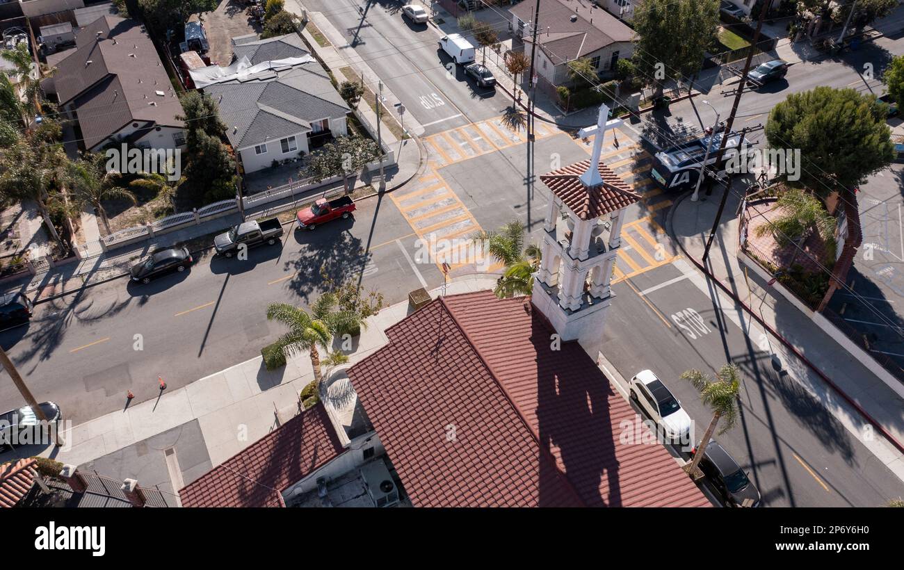 Wilmington, California, USA - November 25, 2022: Sun shines on a church ...