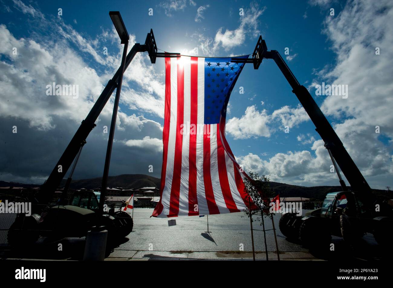 A large American flag flies over the 5th Marine Regiment parade deck on ...