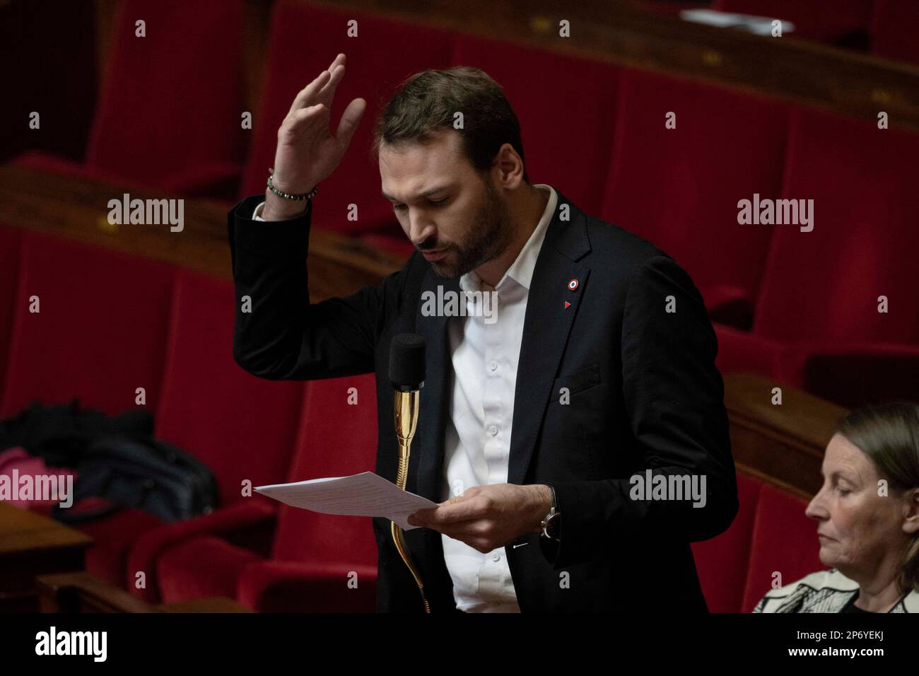 Paris, France. 07th Mar, 2023. Hugo Bernalicis during a session of ...