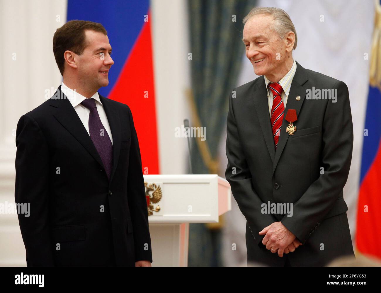 Russian President Dmitry Medvedev, left, presents actor Mikhail Nozhkin with a medal at a ...