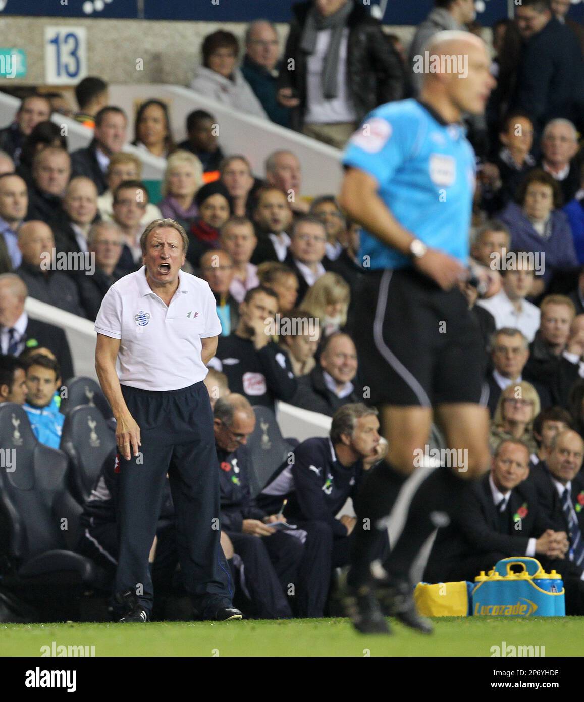 QPRs Neil Warnock shouts abuse to referee Howard Webb..Barclays Premier ...