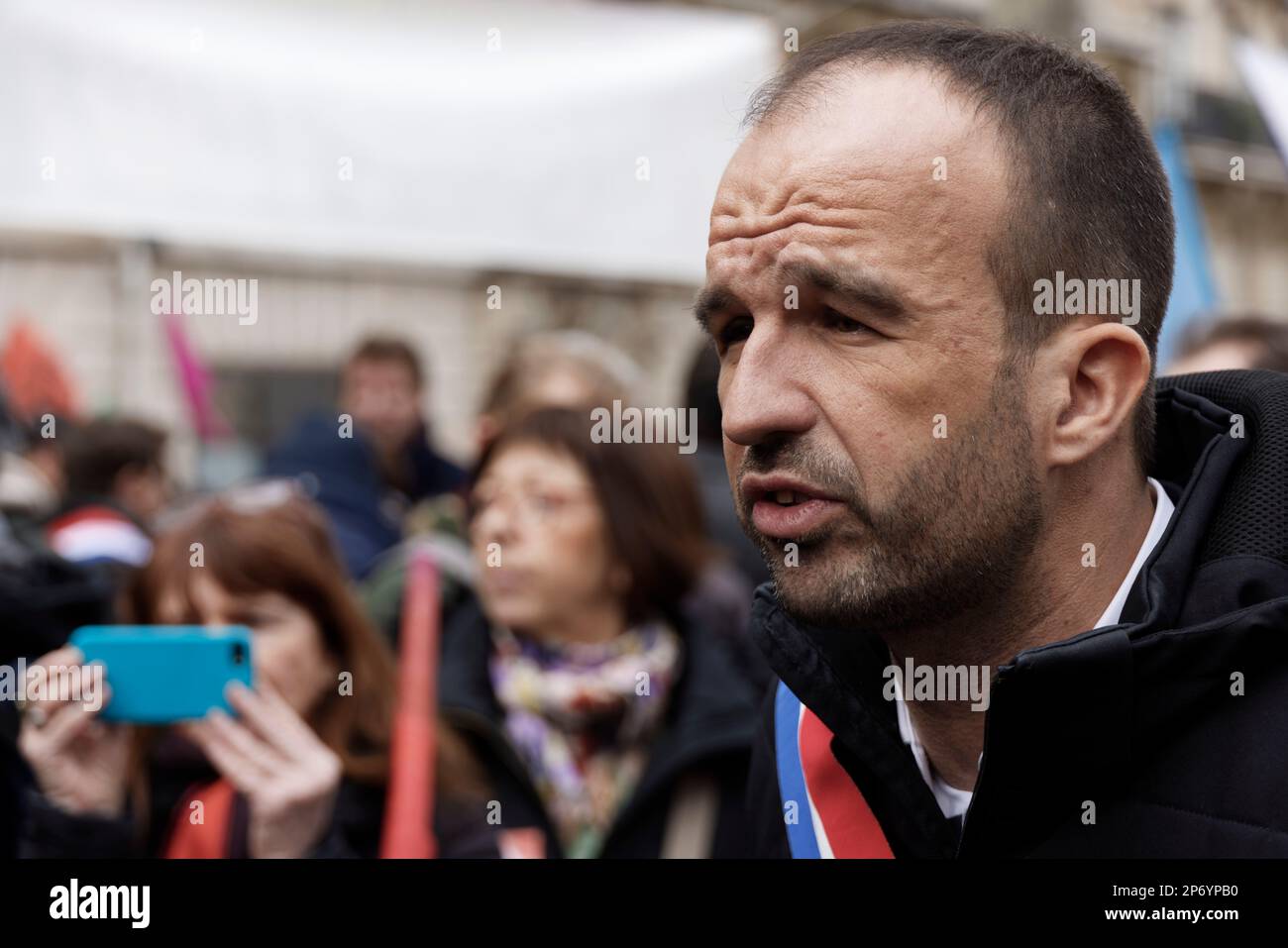 Paris, France. 7th Mar, 2023. Manuel Bompard (LFI) attends the ...