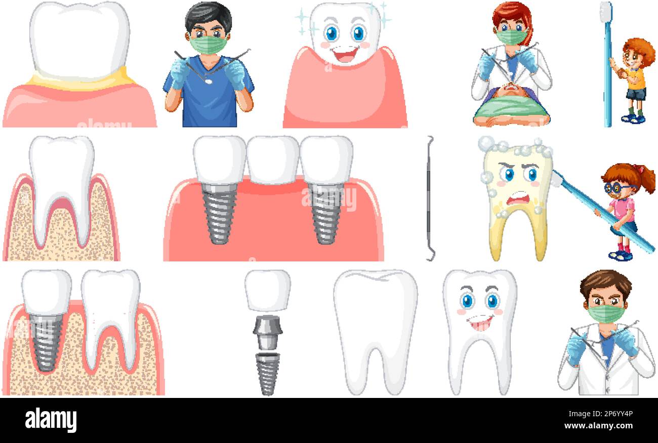 Set of dental equipments and cartoon characters illustration Stock ...