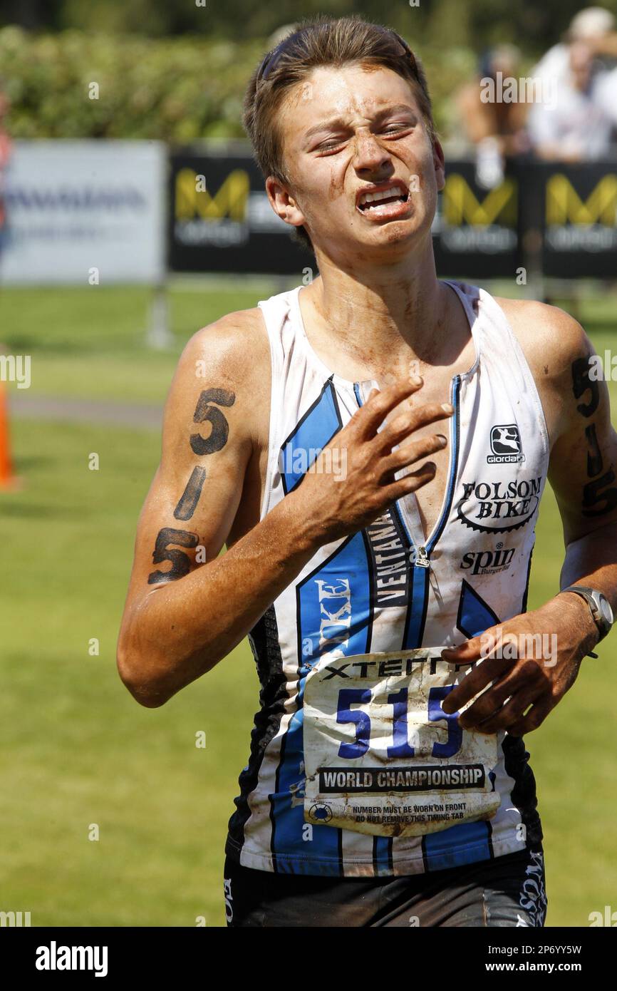 Neilson Powless, of Rosewood, CA, crosses the finish line at the 2011 ...