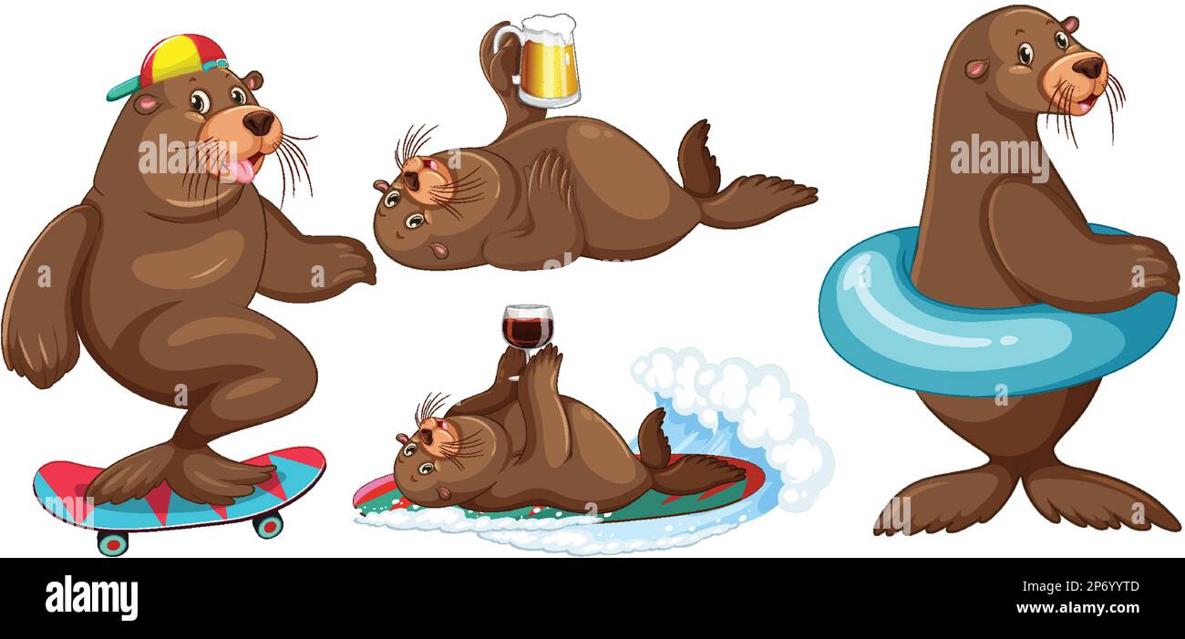 Sea Lion Cartoon Characters in Summer Theme illustration Stock Vector ...