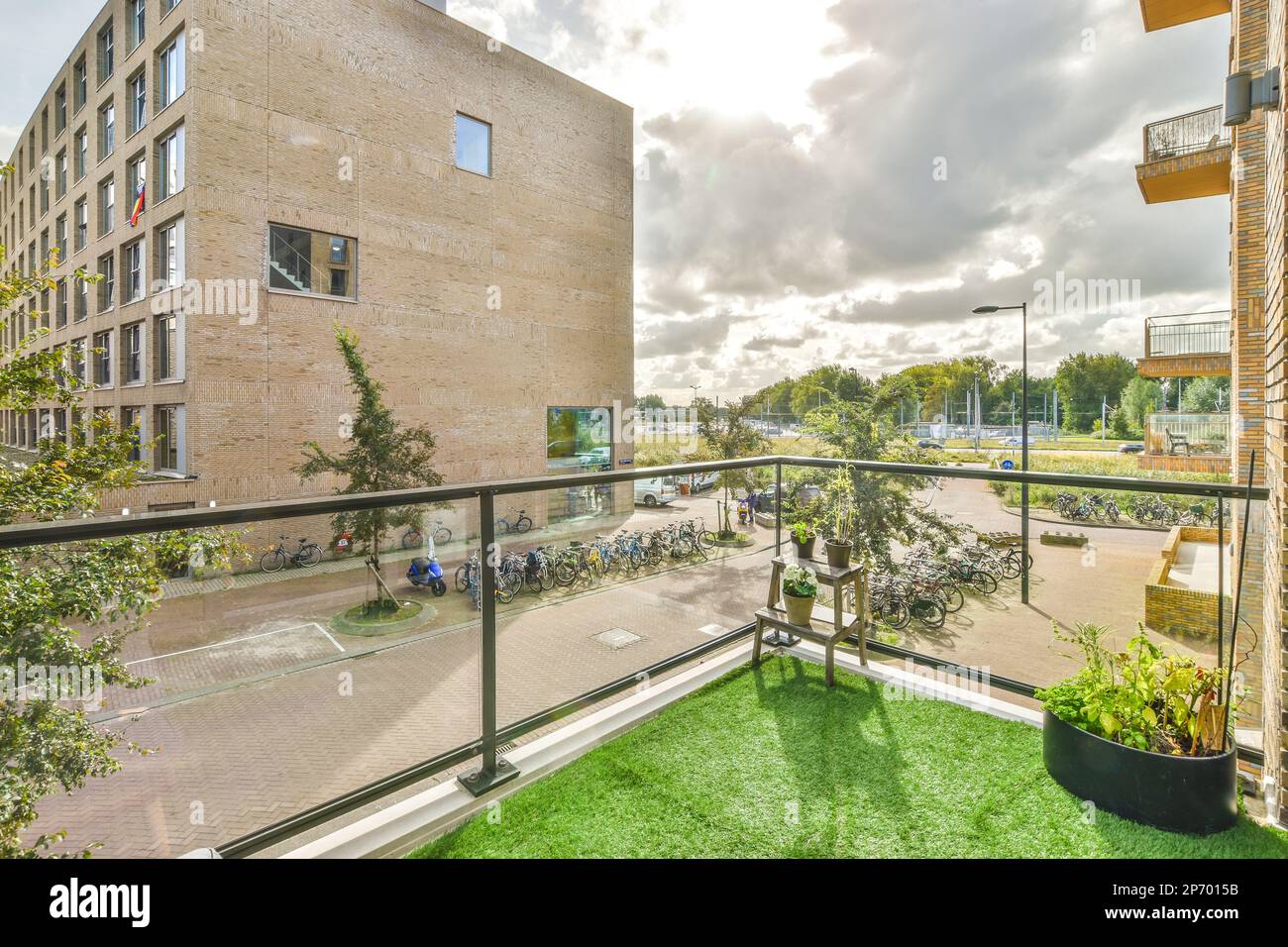 an outside area with green grass and some buildings in the background ...