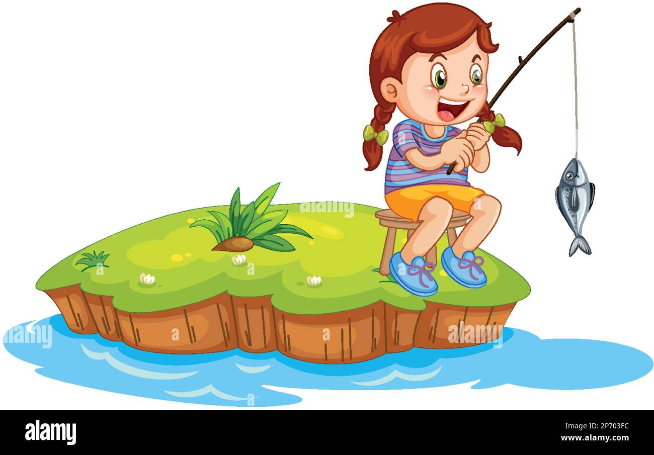 Isolated girl fishing on small island illustration Stock Vector Image ...