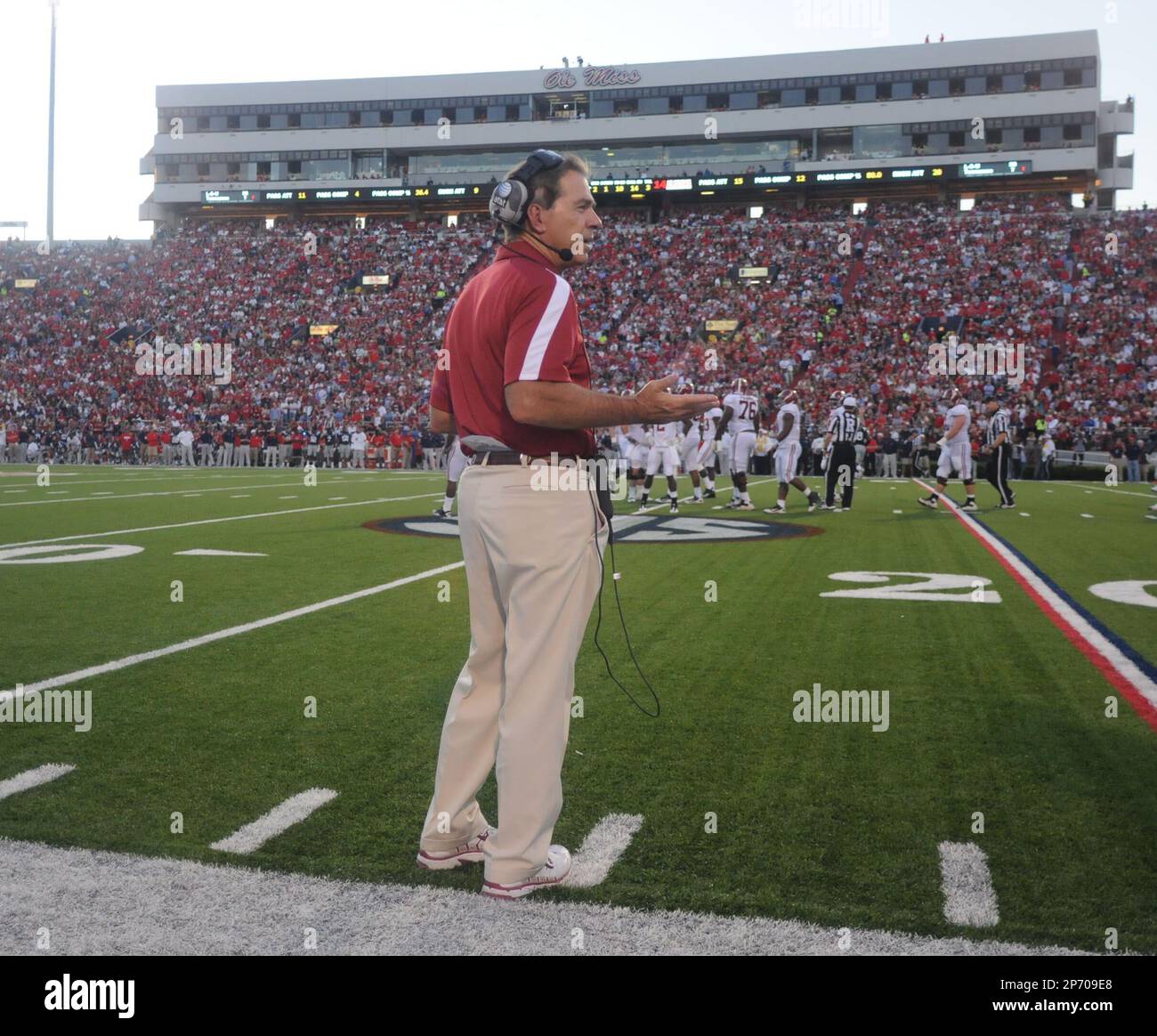 Alabama Coach Nick Saban talks to the officials during an NCAA college ...